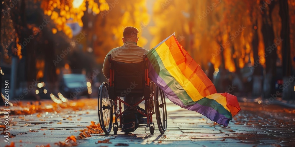 Disabled gay person in wheelchair with rainbow flag on street parade ...