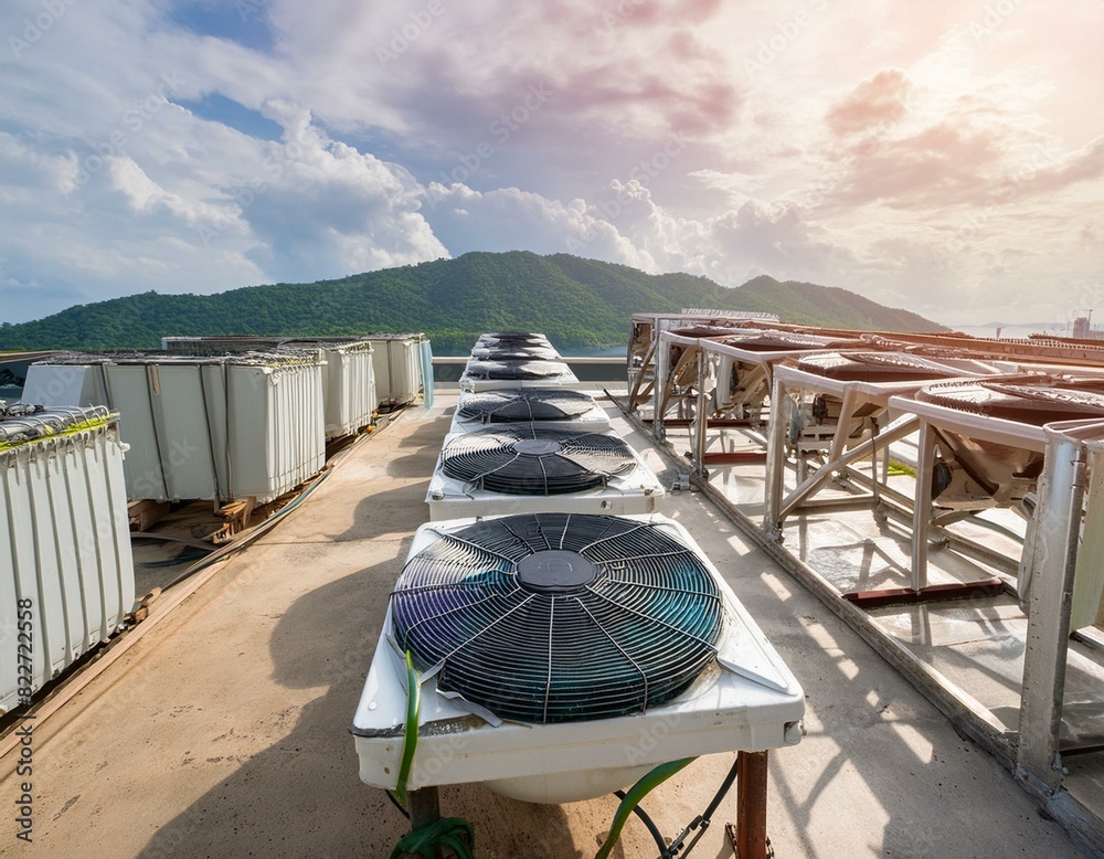 Air condenser unit located on roof deck building to heat released ...