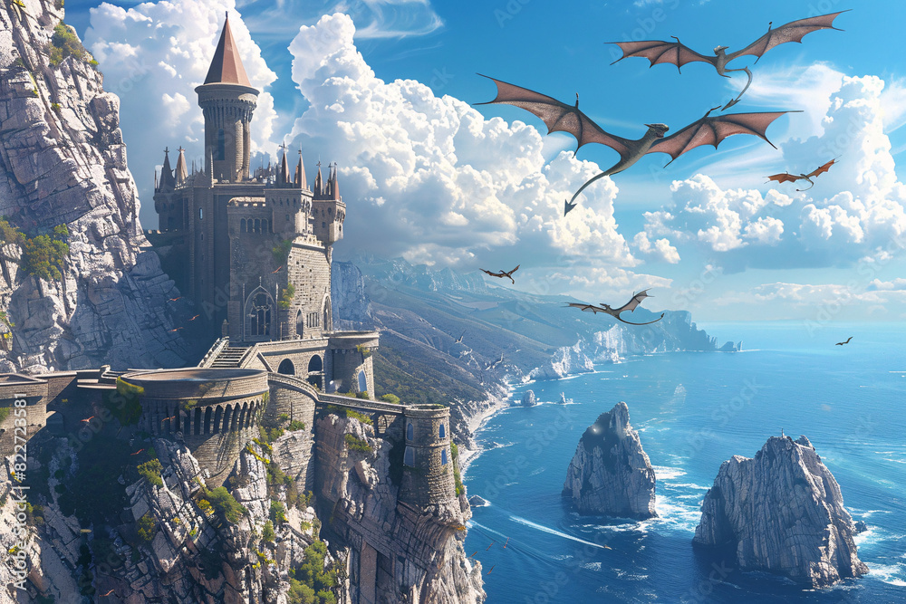 Fantasy castle on a cliffside overlooking a vast ocean with dragons ...
