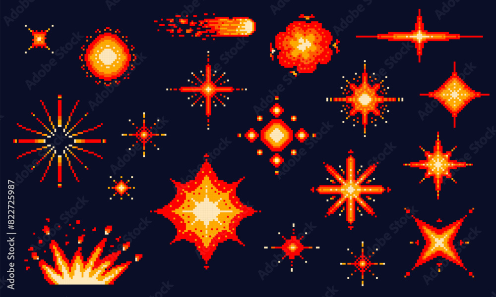Pixel art explosions. game icons set. Comic boom flame effects for ...