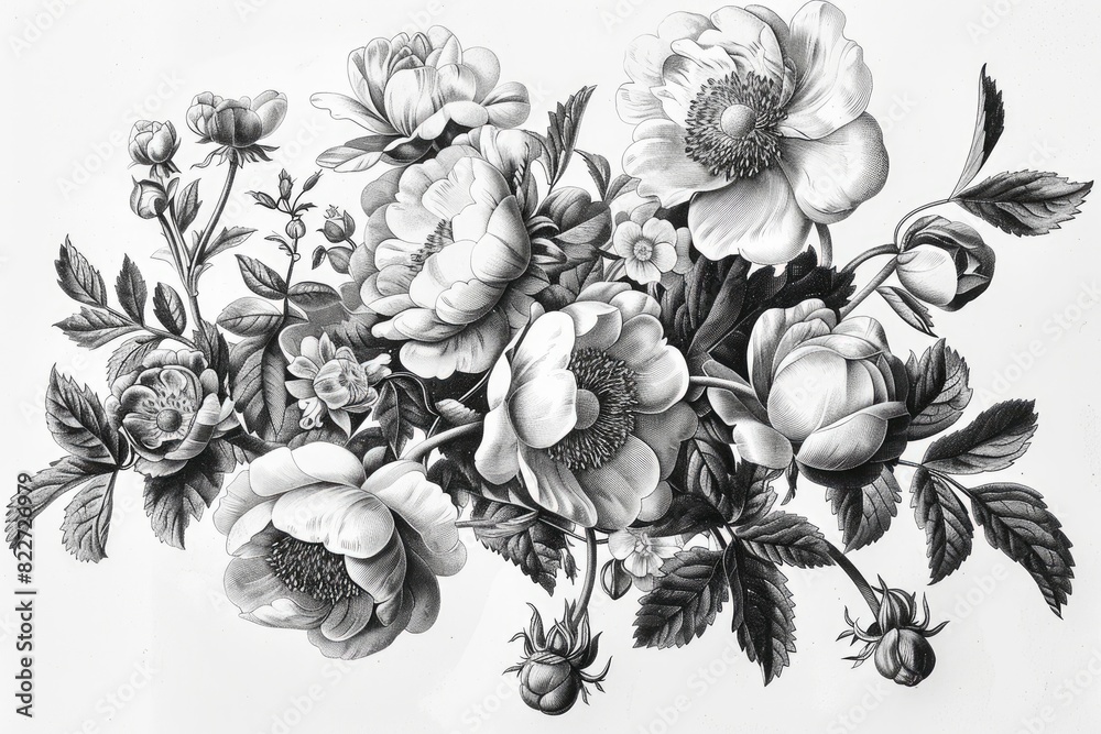Nostalgic old engraving, delicate flowers immortalized in intricate ...
