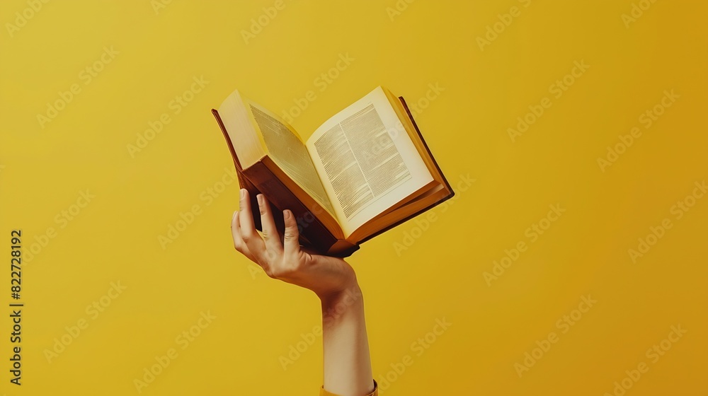 Human hand holding open book over yellow background Contemporary art ...
