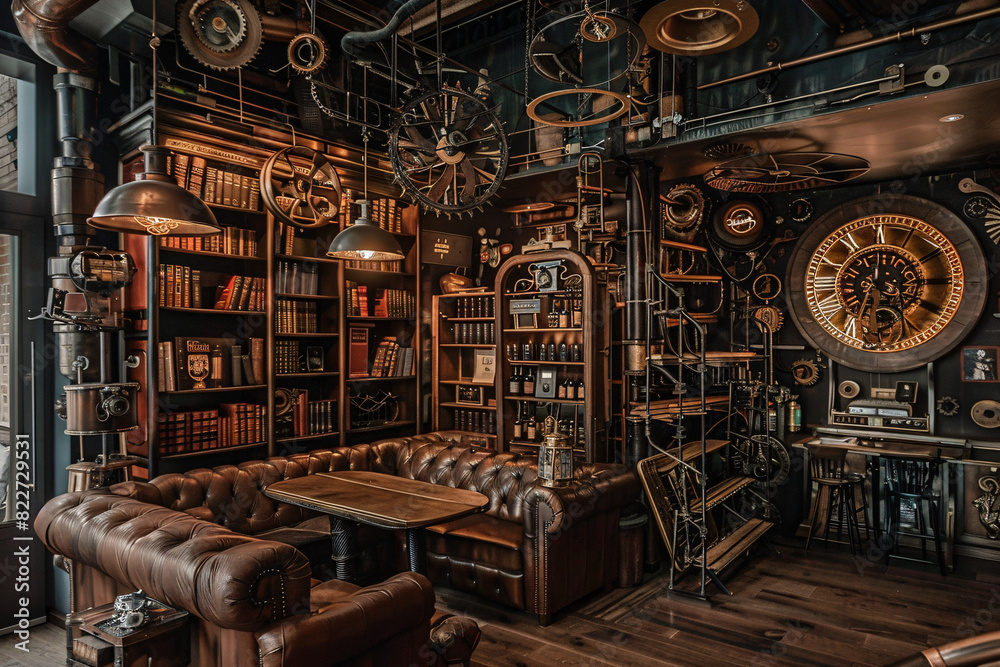 Steampunk-themed library with mechanical gadgets Stock Photo | Adobe Stock