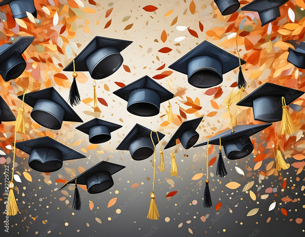 A lively illustration of graduation caps and confetti on a transparent ...