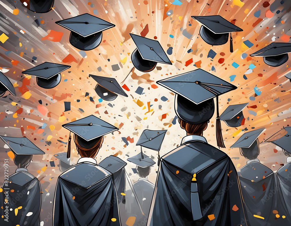 A lively illustration of graduation caps and confetti on a transparent ...