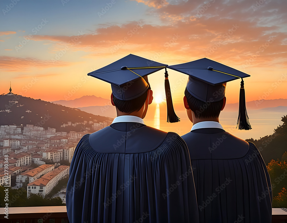 A panoramic illustration of student silhouettes wearing graduation caps ...