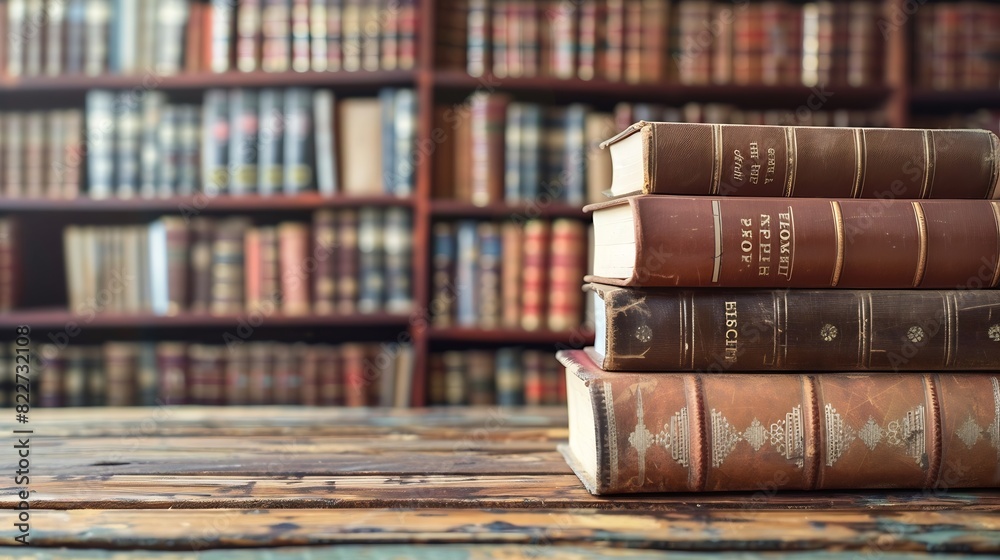 A stack of old books on table against background of bookshelf in ...