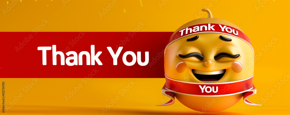ภาพประกอบสต็อก Yellow 3D emoji, thankful expression, "Thank You" in a ...
