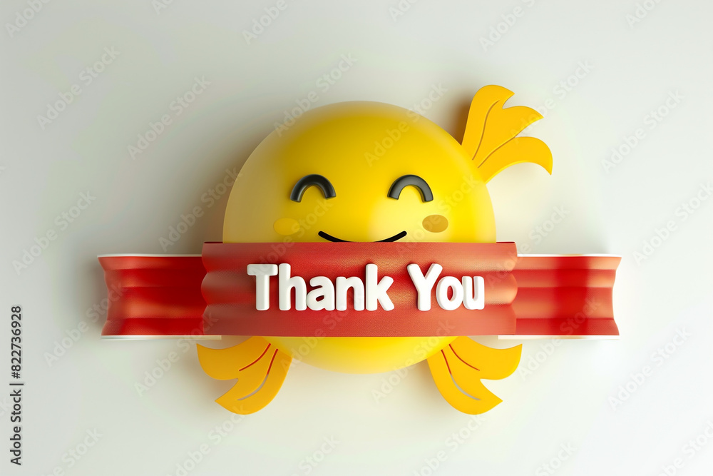 ภาพประกอบสต็อก Yellow, 3D thankful emoji, white "Thank You" text inside ...