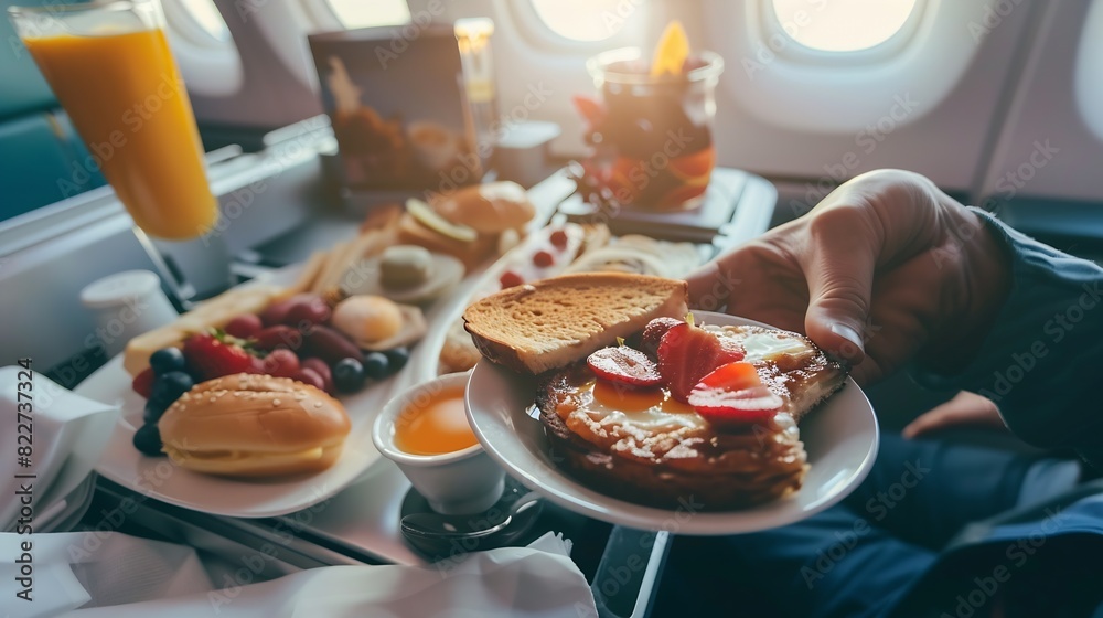 Delicious breakfast on the plane closeup Man Hand Airline food Plane ...