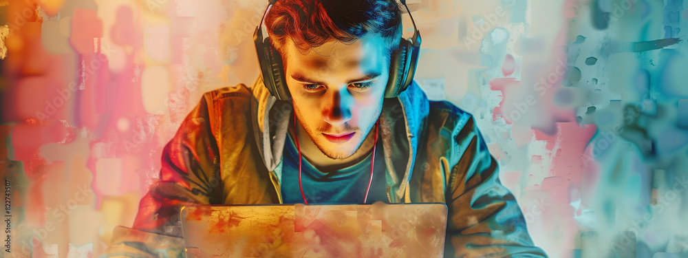 Young caucasian man immersed in online learning, his headphones and ...