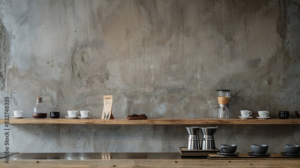 Seat and wooden counter with coffee equipment on counter bar and wooden ...
