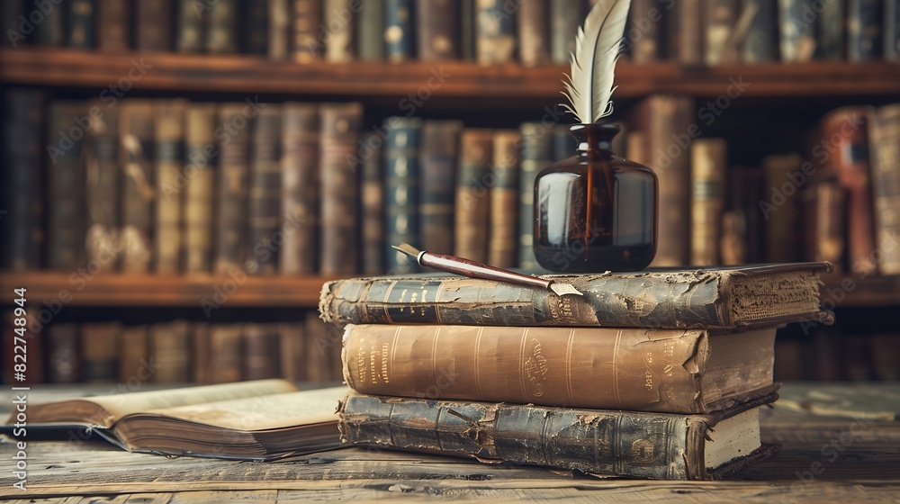 Old books quill pen and vintage inkwell on wooden desk in old library ...