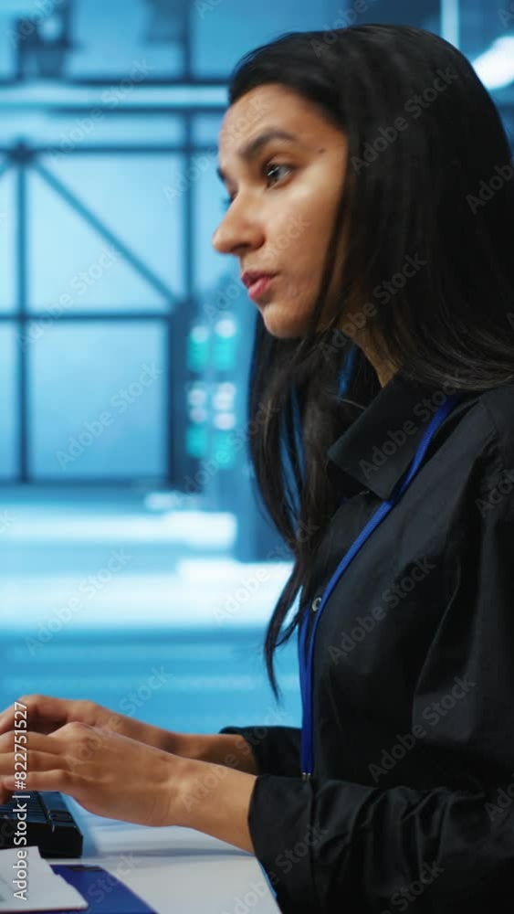 Vertical video IT engineer looking at PC screen, working in network security data center ...