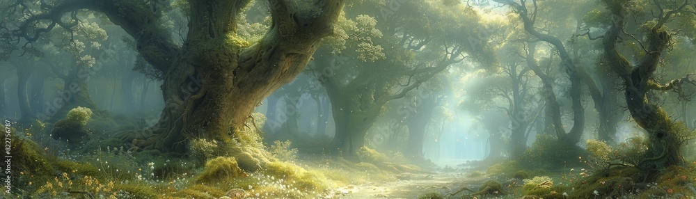Fantasy game environment with twisted tree trunks and lush moss ...