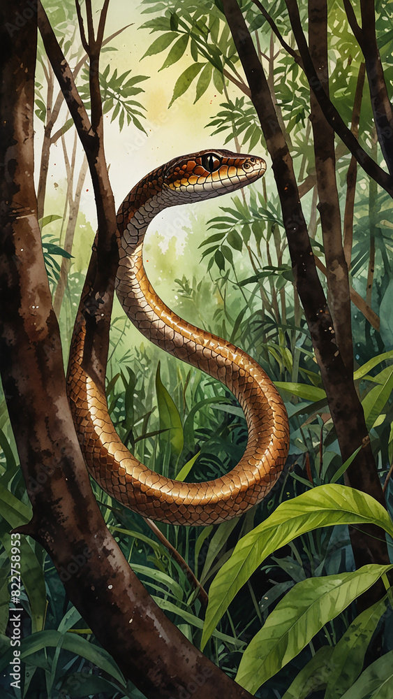 Watercolor painting: The invasion of the brown tree snake in Guam, its ...