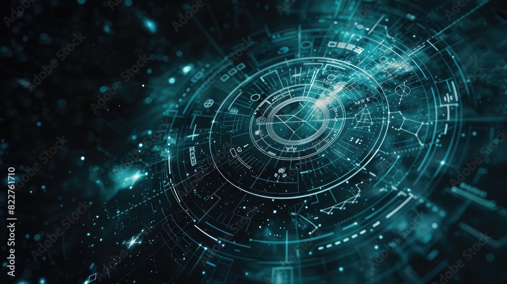 Abstract futuristic star map with zodiac signs and circle in space on ...