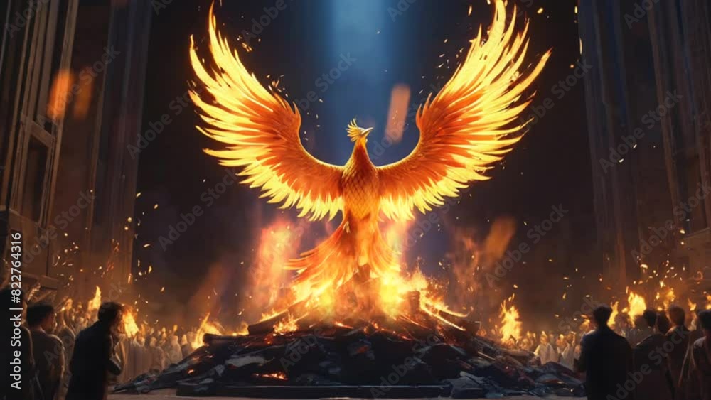Fantasy a Phoenix bird with fire burning Glowing Wings on dramatic ...