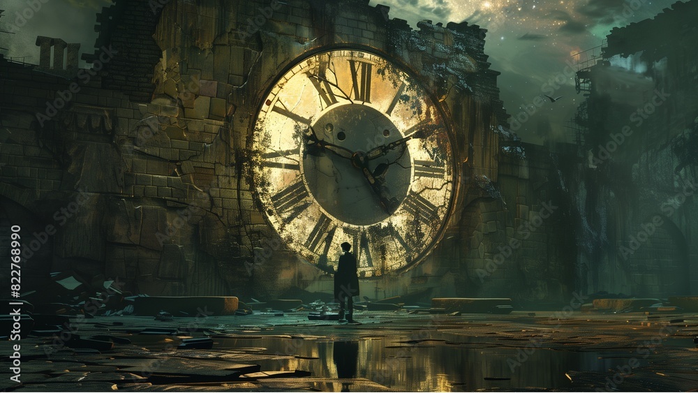 old wall clock, a surreal and atmospheric scene with a colossal clock ...