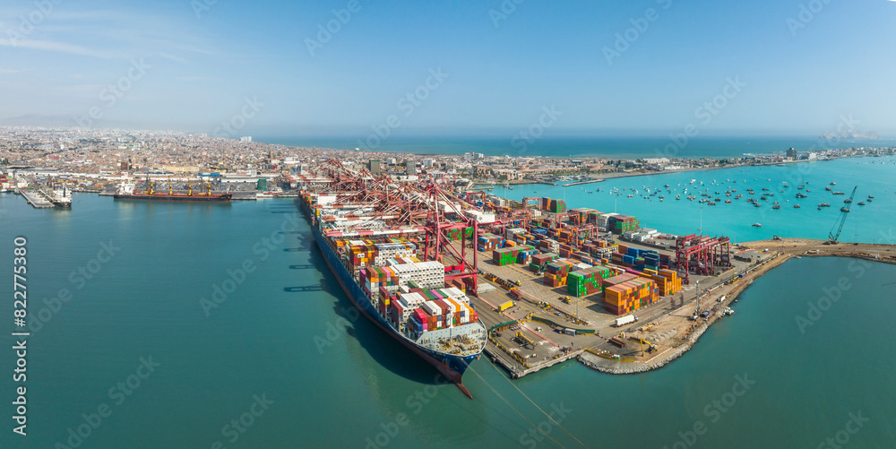 Aerial view of the port of Callao in Lima, Peru, showing port activity ...