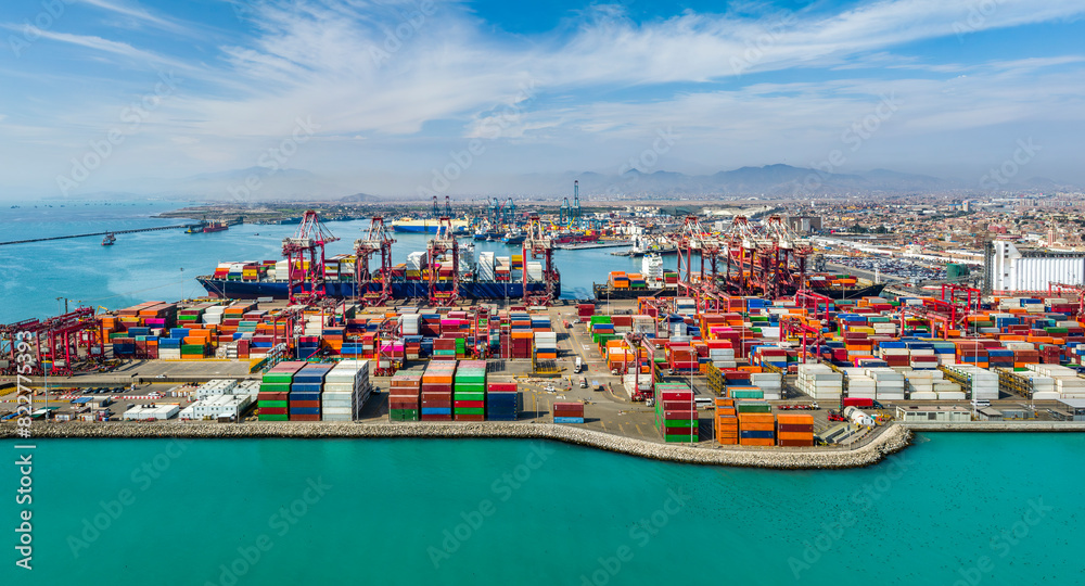 Aerial view of the port of Callao in Lima, Peru, showing port activity ...