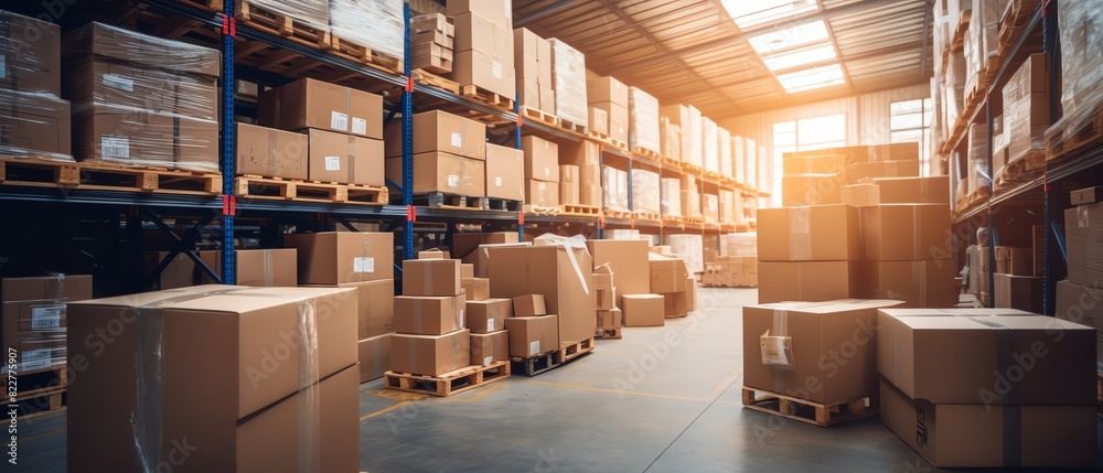 Soft focus on a warehouse interior filled with boxes and parcels ...