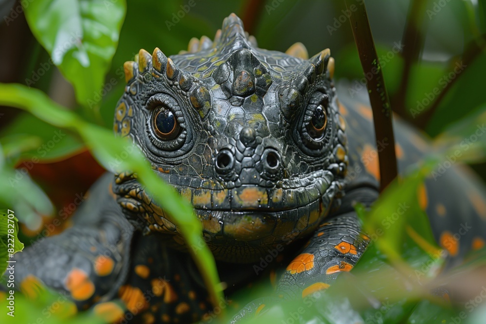 Rare species of lizard. Black lizard with orange spots and spines on ...