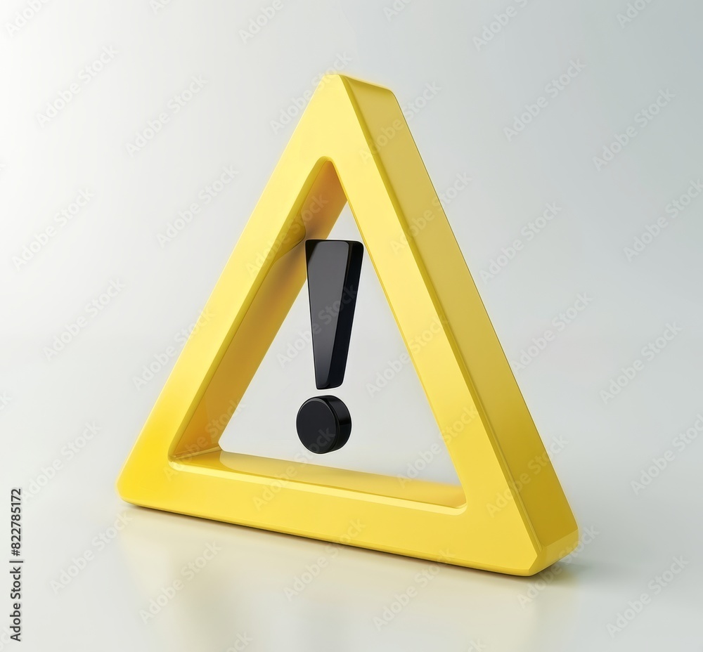 3D rendering of simple icon, yellow triangle with black exclamation ...