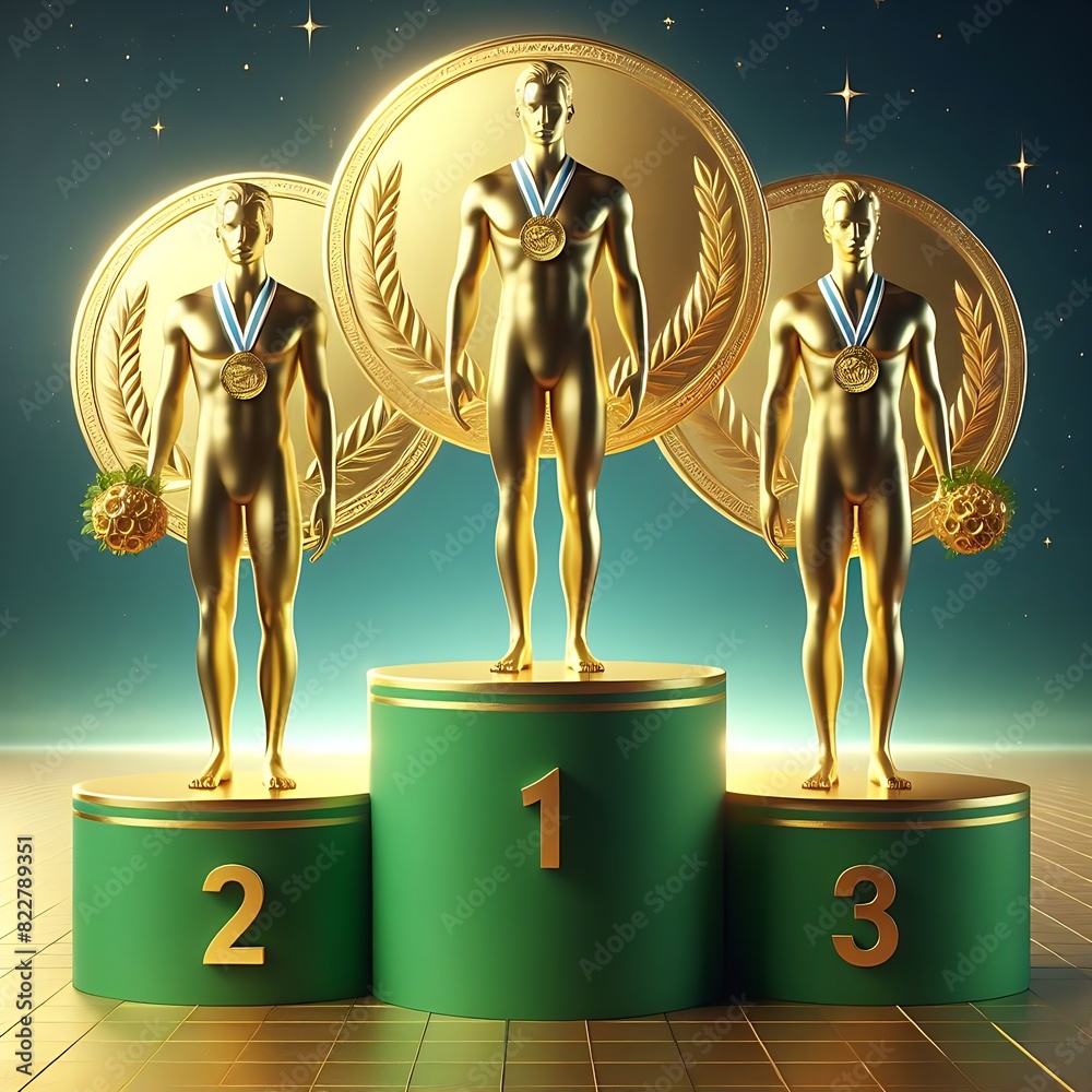 Three golden trophies in the form of human figures on a podium labeled ...