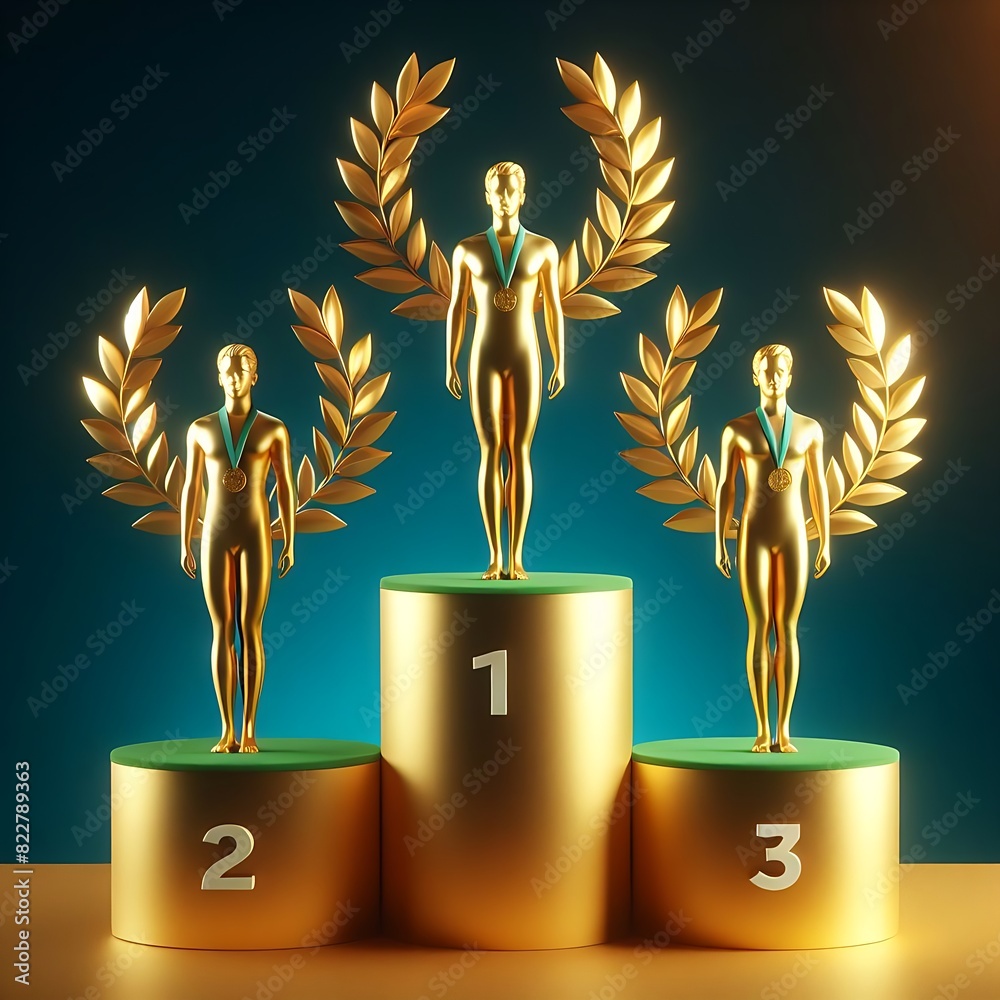 three golden trophies in the form of human figures on a podium labeled ...