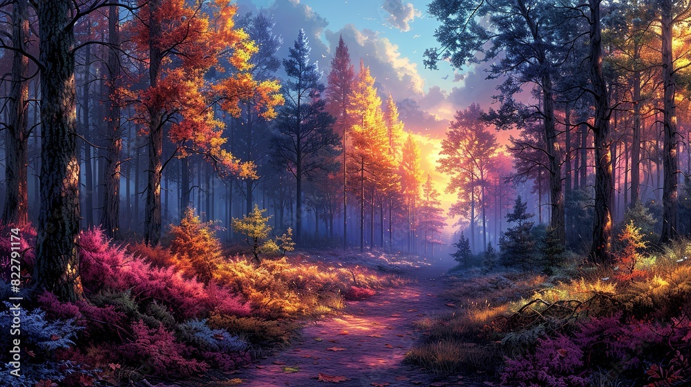 Evening light casting a warm glow on a forest, with tall trees and ...