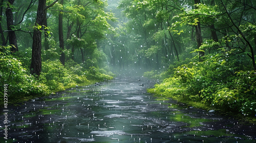 Rain-soaked forest path, with glistening leaves and fresh rain droplets ...