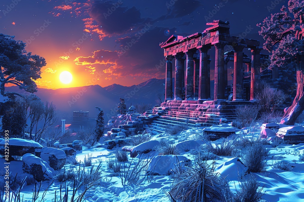 Dramatic Ruins Temple in Mountain Gorge: Greek Architecture Night 4K 8K ...