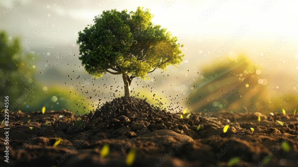 mustard seed falling on fertile soil growing into large tree in ...