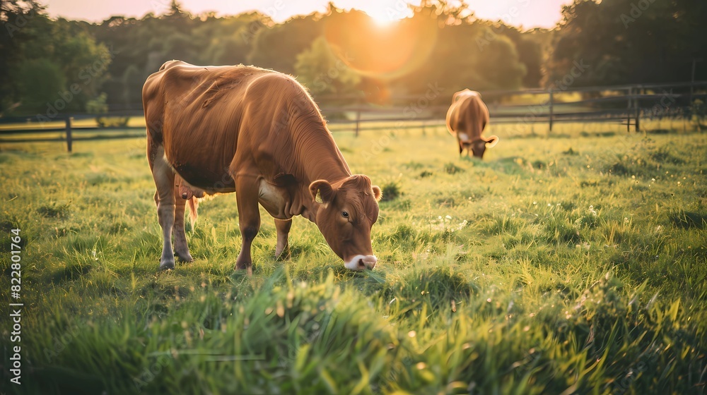 A photo of a brown cows grazing in an open field, Generative AI ...