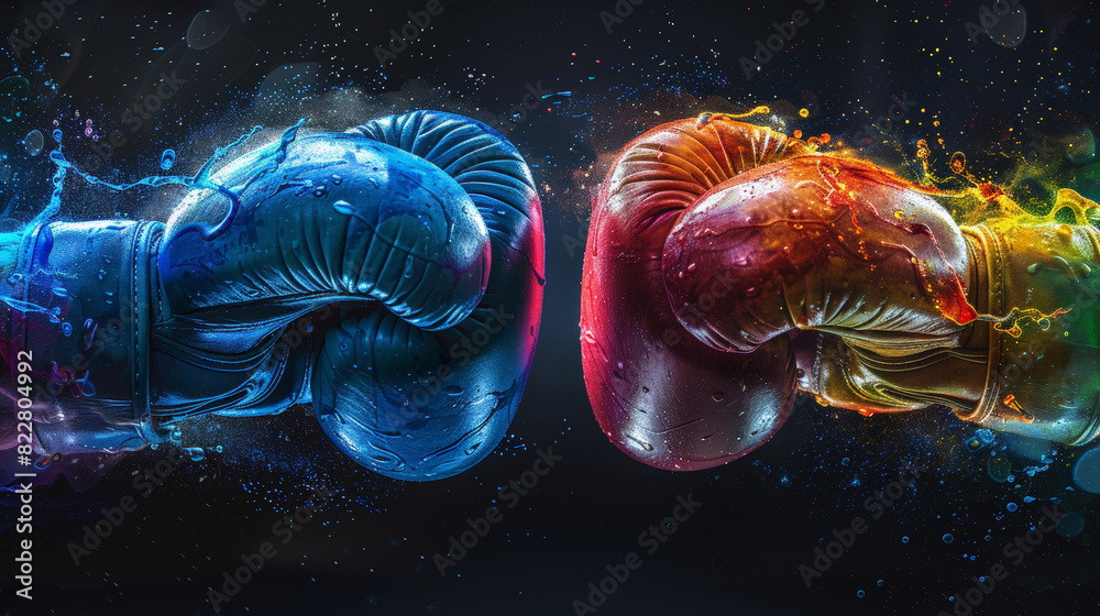 Two boxing gloves are shown in a close up, one blue and one red ...