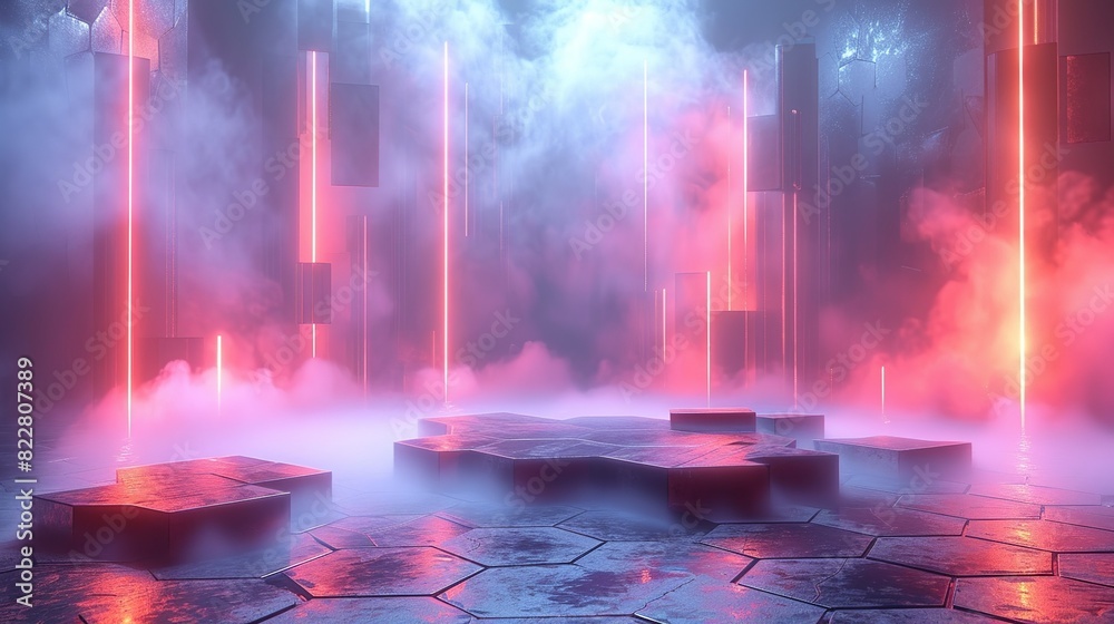 A stage with tiered geometric platforms and soft fog, designed to ...