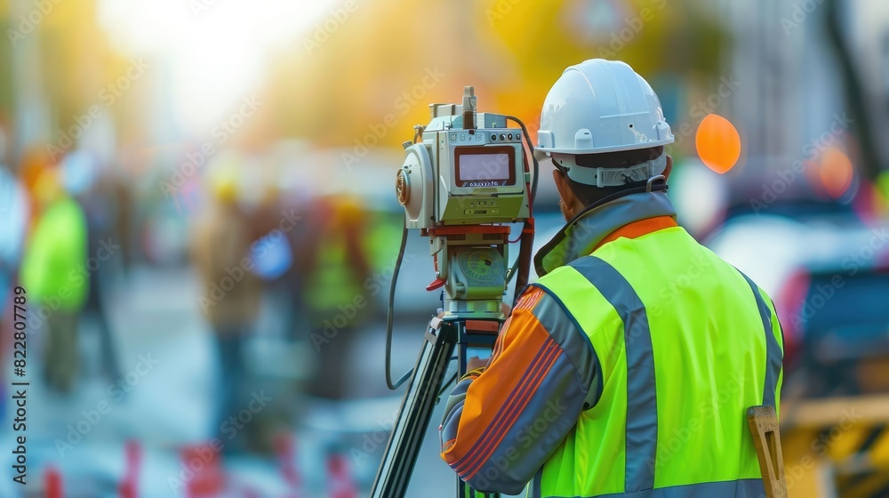 High resolution photo of an engineer using the total station on a ...