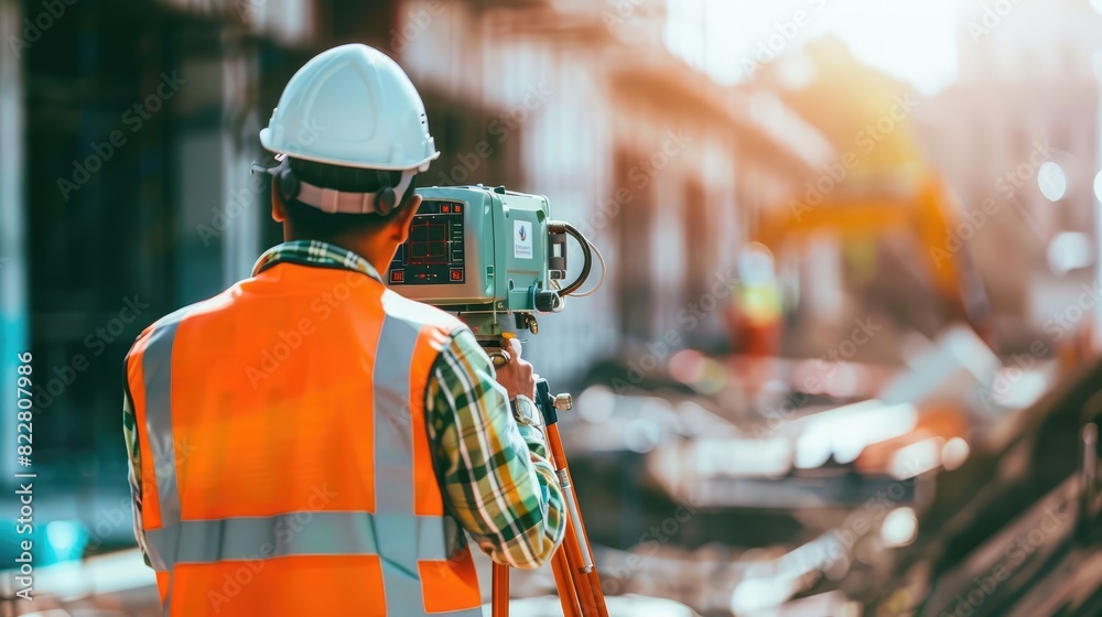 High resolution photo of an engineer using the total station on a ...