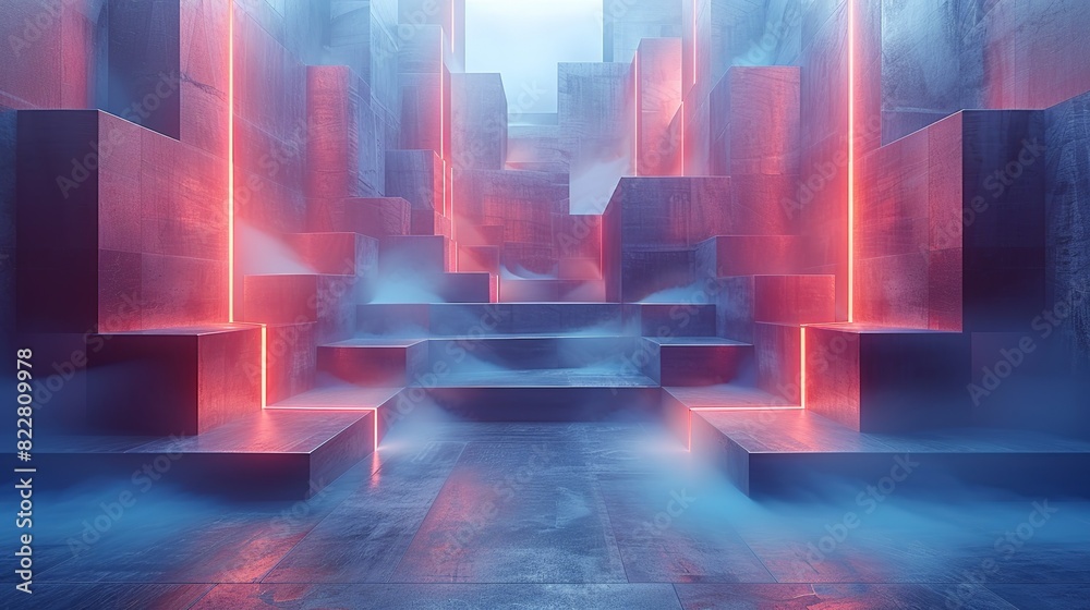 Triangular Prisms And Rectangular Blocks Arranged In An Artistic Stage Design With Fog Adding A