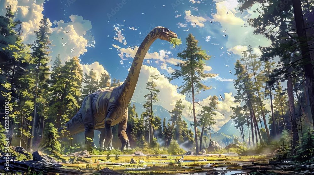 A massive Brachiosaurus reaching up to eat leaves from tall trees in a ...