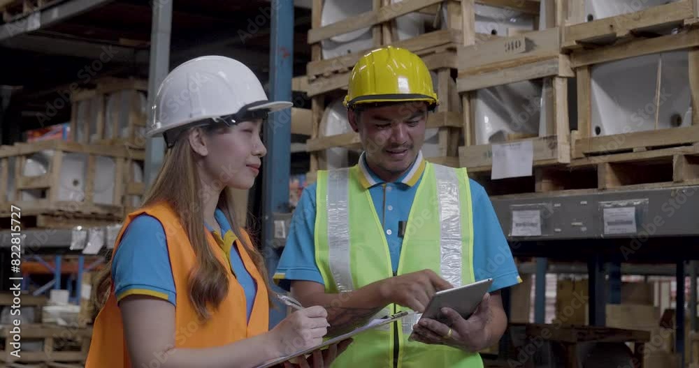 Warehouse management team use bar code scaner scan goods shelf writing ...