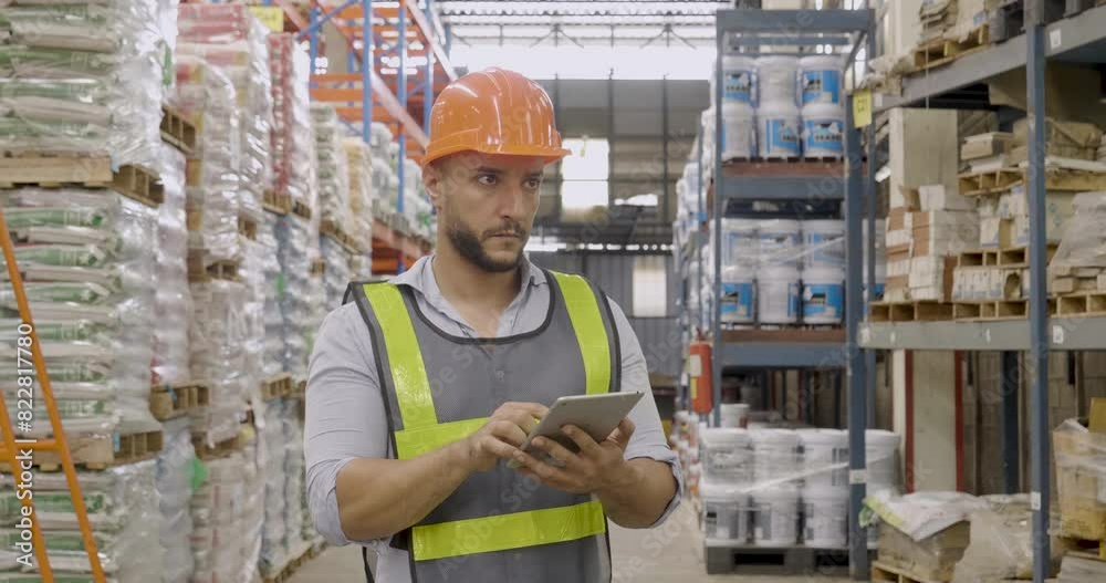 Hispanic men hands using typing laptop computer Warehouse management ...