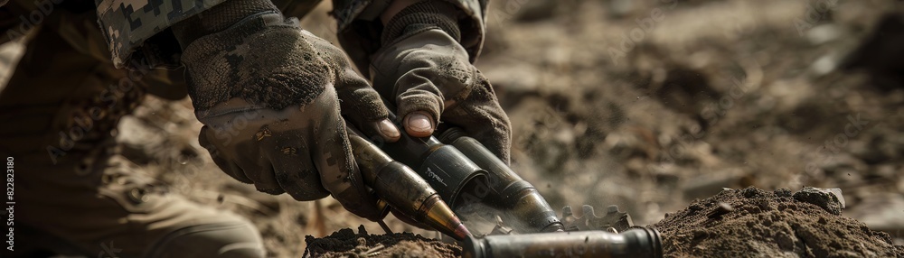 A soldiers hands load a mortar, the rounds symbolic of the explosive ...