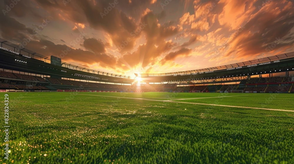 Soccer stadium with sunset sky background, wide angle, high resolution ...