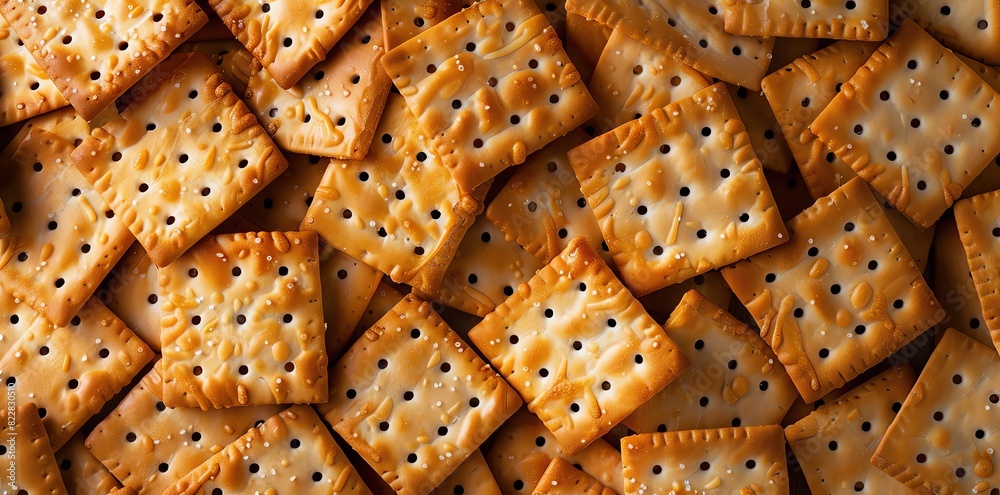 A background of square brown saltine crackers with black holes on the ...