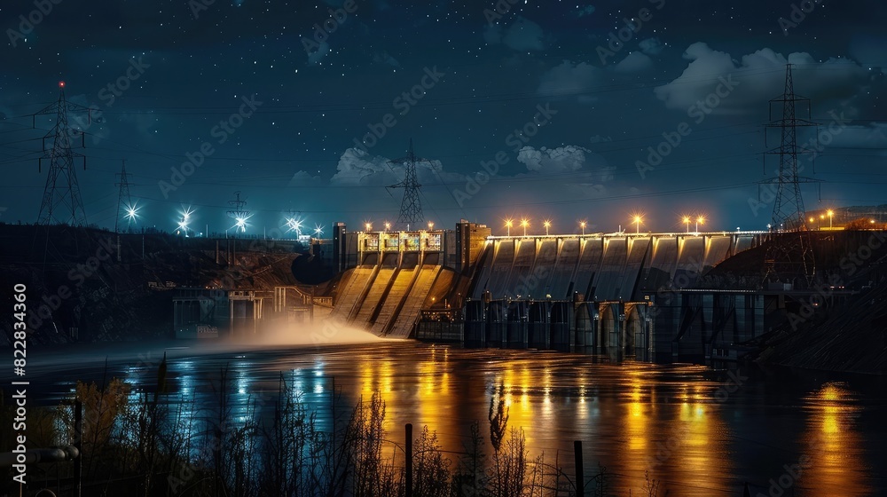 dam illuminated at night, with powerful lights showcasing the ...
