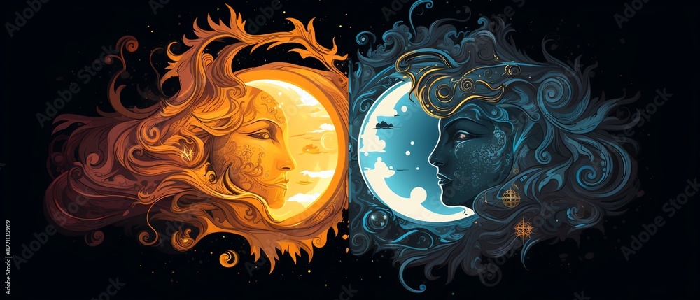 Sun and moon Contrasting elements concept art Good and evil yin and ...