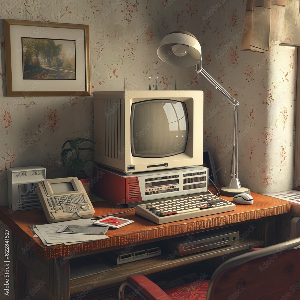The captivating image portrays a vintage computer setup, featuring an ...