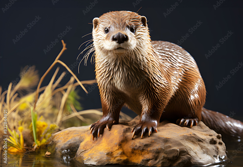Brown Otter on white background. Realistic animal Brown Otter on black ...